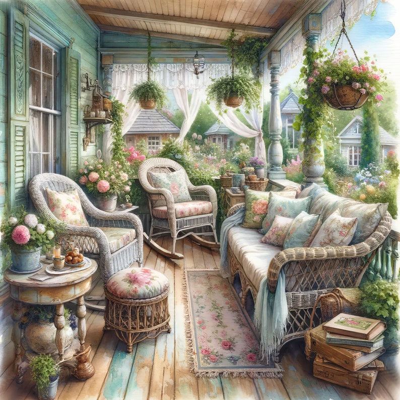 Watercolor Shabby Chic Porch Clipart Vintage Clip Art Watercolor ...