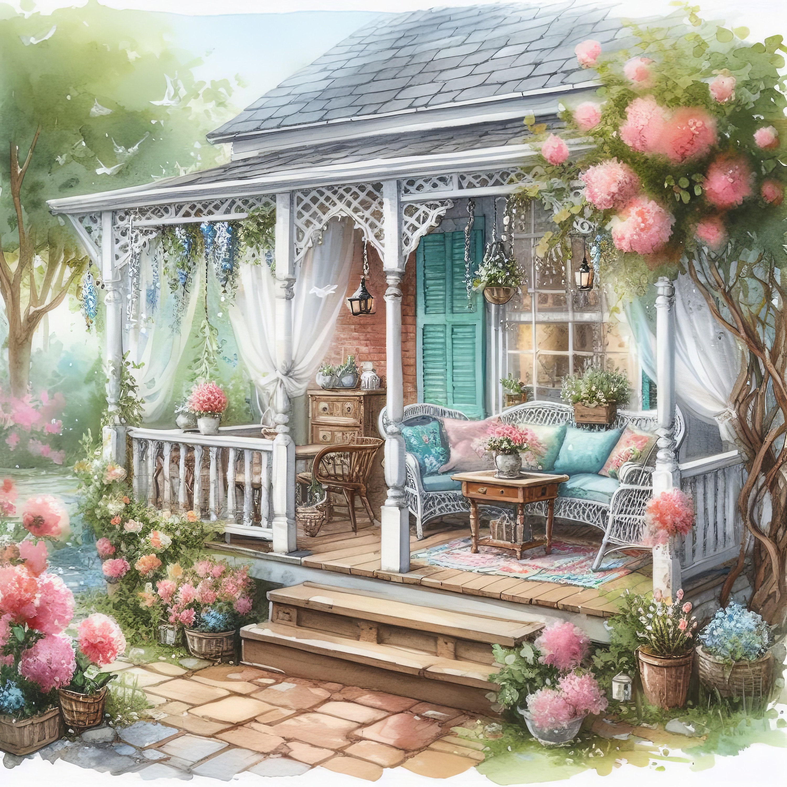 Watercolor Shabby Chic Porch Clipart Vintage Clip Art Watercolor ...