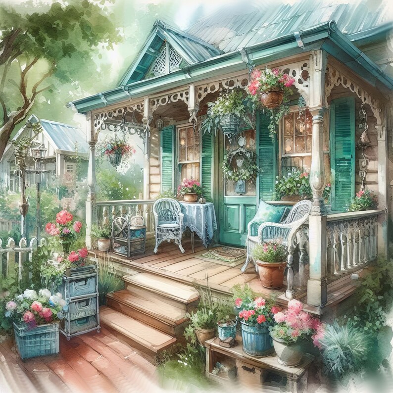 Watercolor Shabby Chic Porch Clipart Vintage Clip Art Watercolor ...