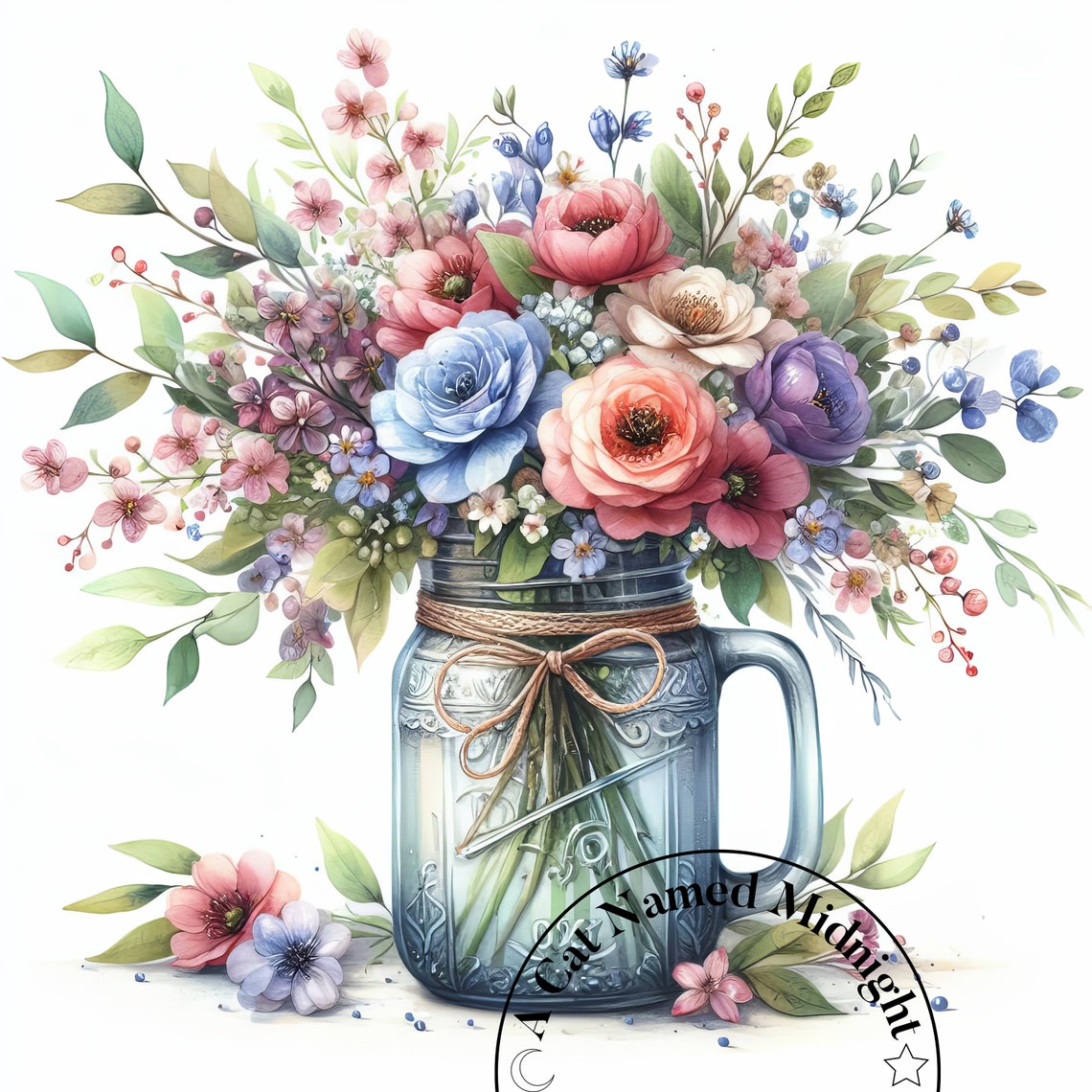 10 Mason Jar Flowers Clipart Shabby Chic Floral Watercolor Vintage Clip ...