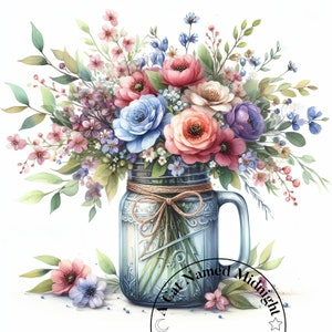 10 Mason Jar Flowers Clipart Shabby Chic Floral Watercolor Vintage Clip ...