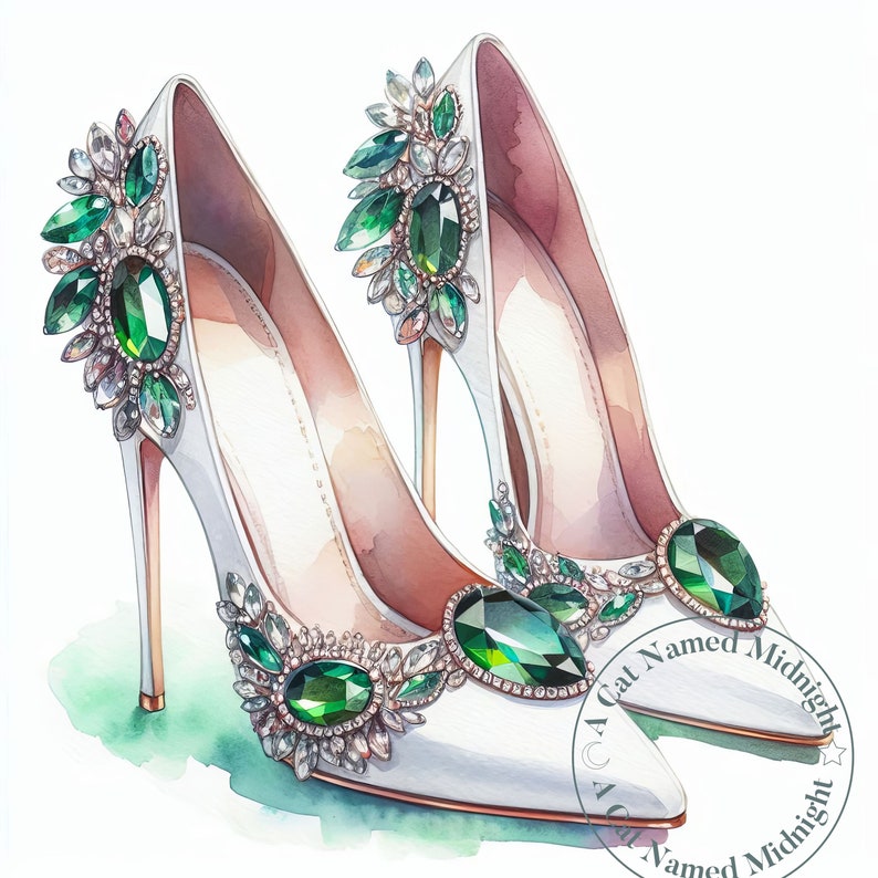 10 White and Green High Heels Clipart Bundle JPG Watercolor White High ...