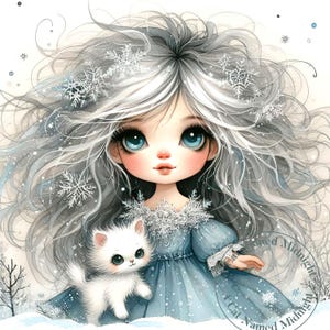 Snow Princess and Her White Kitten Clipart 11 JPG Whimsical Watercolor ...