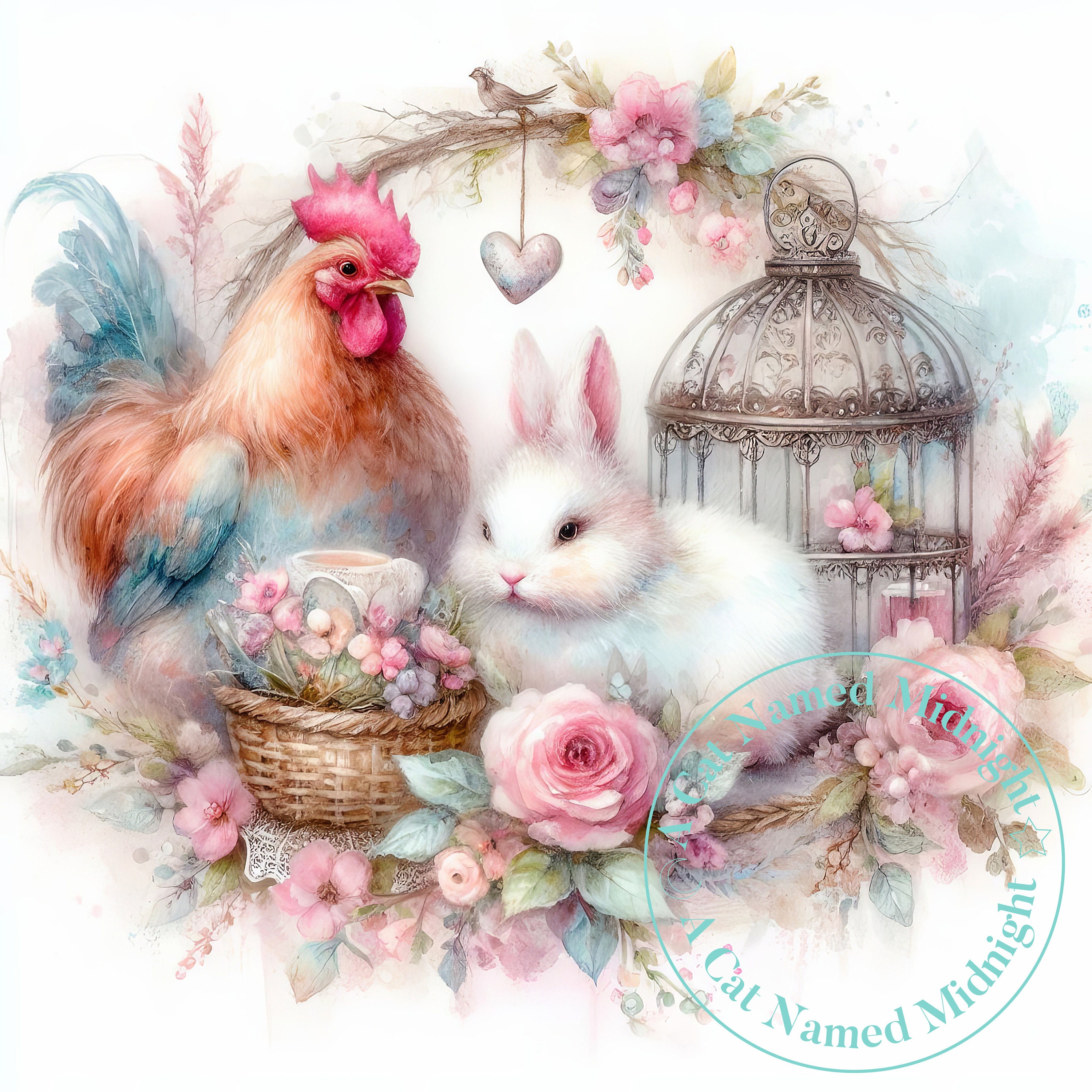 10 Watercolor Chicken and Bunny Clipart Chicken Clip Art Easter Farm ...