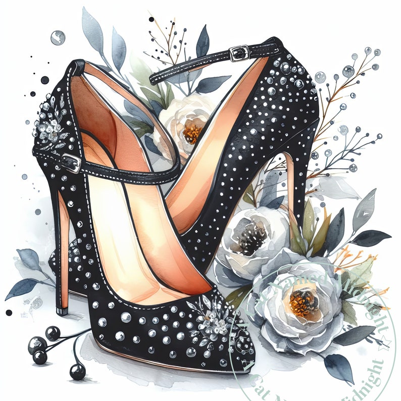 10 Watercolor Black and Silver High Heels Clipart Bundle High Heels ...