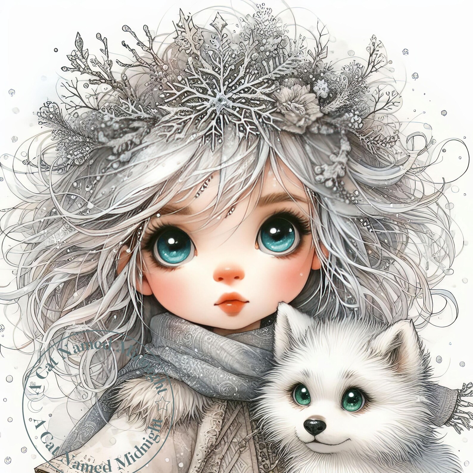 Snow Princess Clipart With White Wolf, 13 JPG Whimsical Winter Girl ...