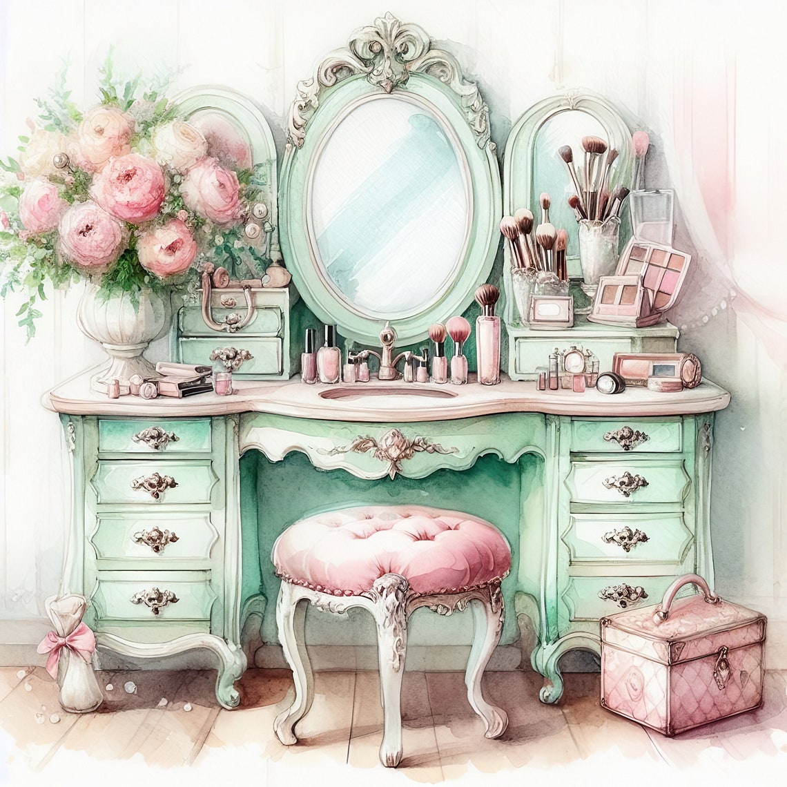 Watercolor Shabby Chic Vanity Dressing Table Clipart Vintage Clip Art ...