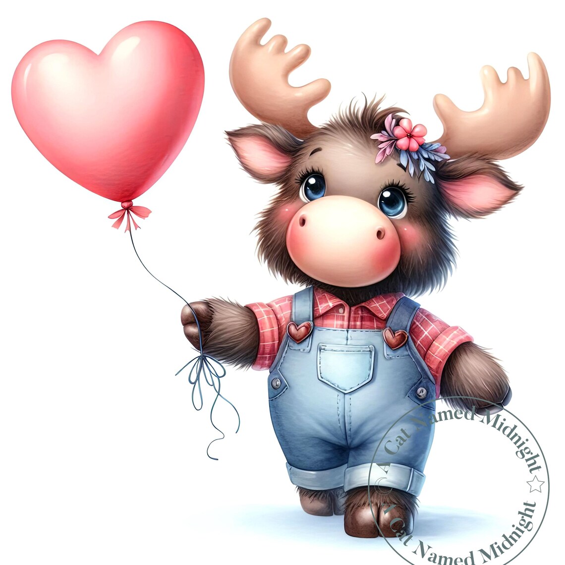 Cute Little Moose With a Heart Balloon Clipart 12 JPG Watercolor Clip ...