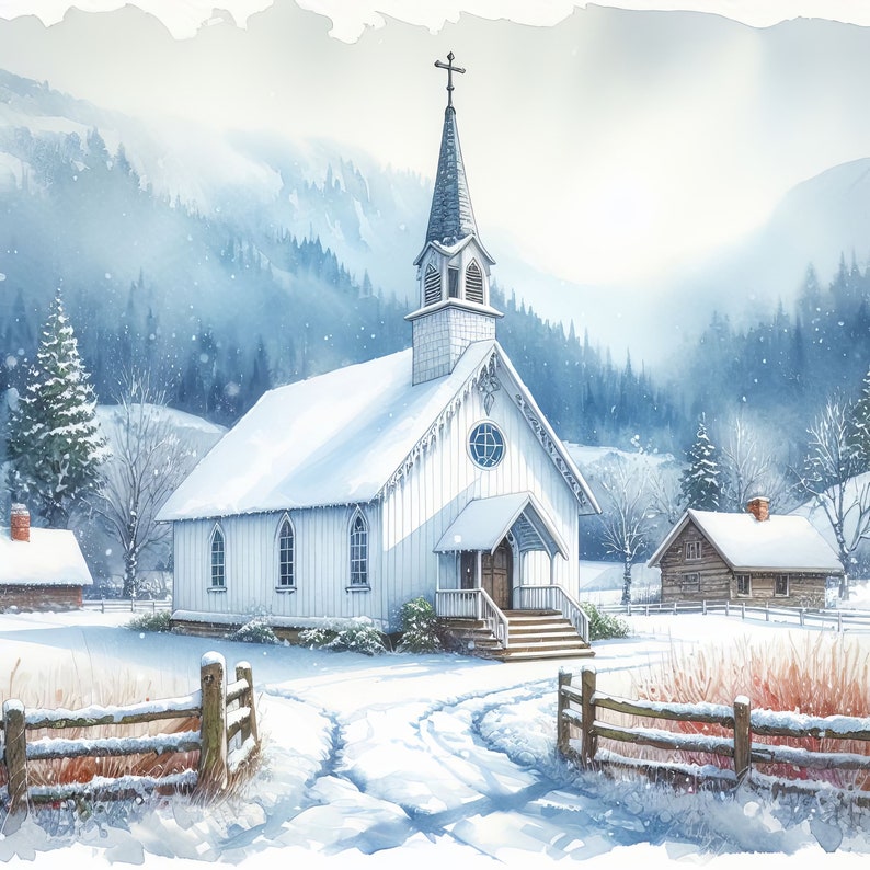 10 Winter Country Church Clipart Bundle Watercolor Vintage Clip Art ...