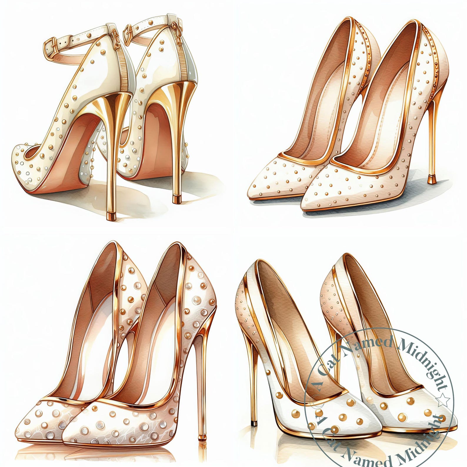 Ivory and Gold High Heels Clip Art 14 High Quality Jpgs Watercolor ...