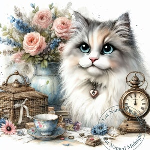 10 Shabby Chic Cat Clipart Watercolor Cat Clip Art Cat Images Bundle ...