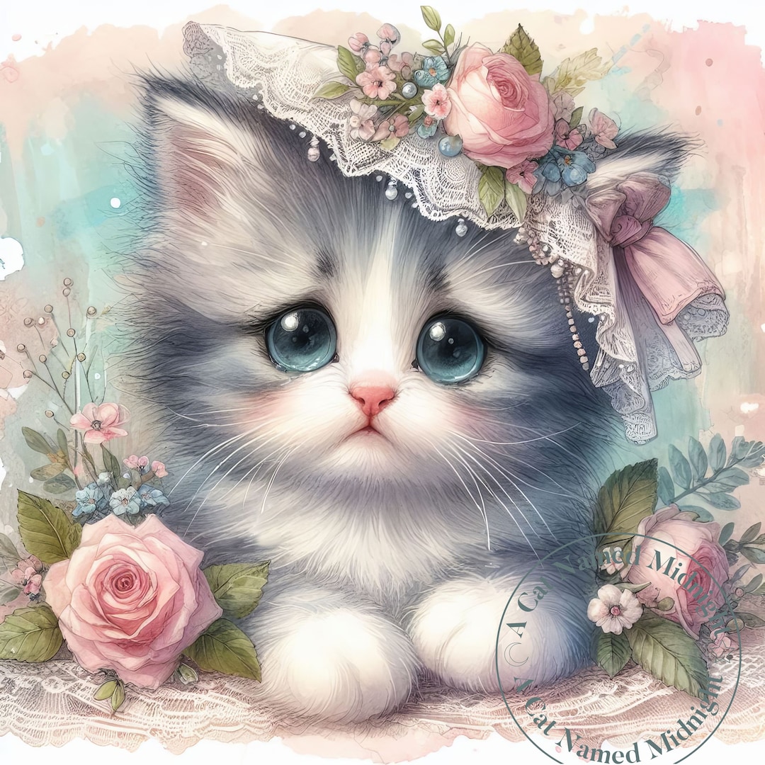 10 Watercolor Kitten Clip Art Images Bundle Shabby Chic Retro Cat ...
