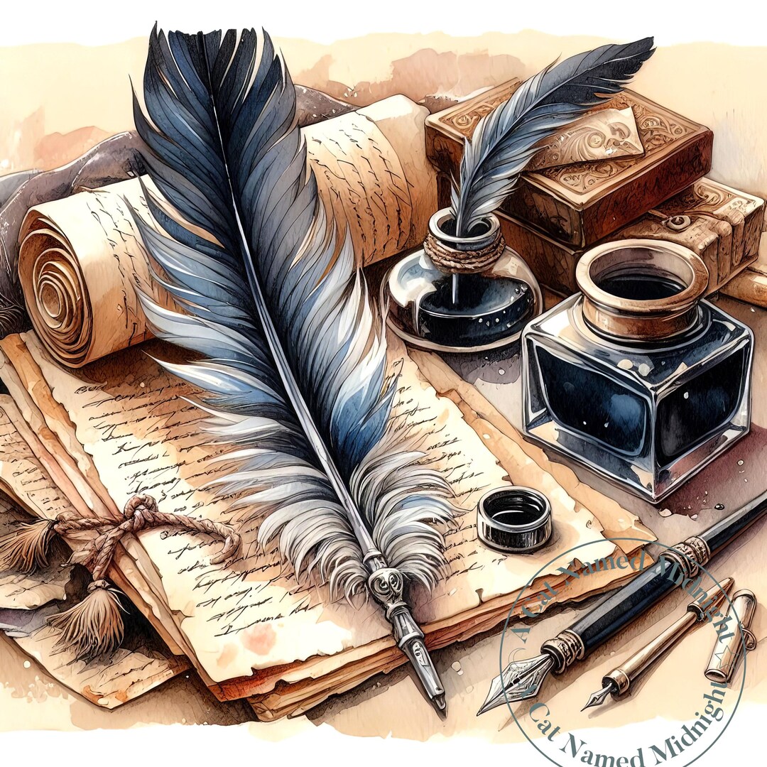 Vintage Writing Paper and Quill Clipart 12 Watercolor Book Lover Clip ...