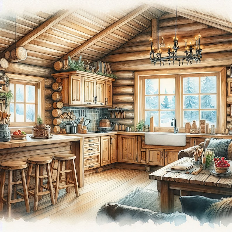 Watercolor Rustic Log Cabin Kitchen Clipart Country Kitchen Vintage ...