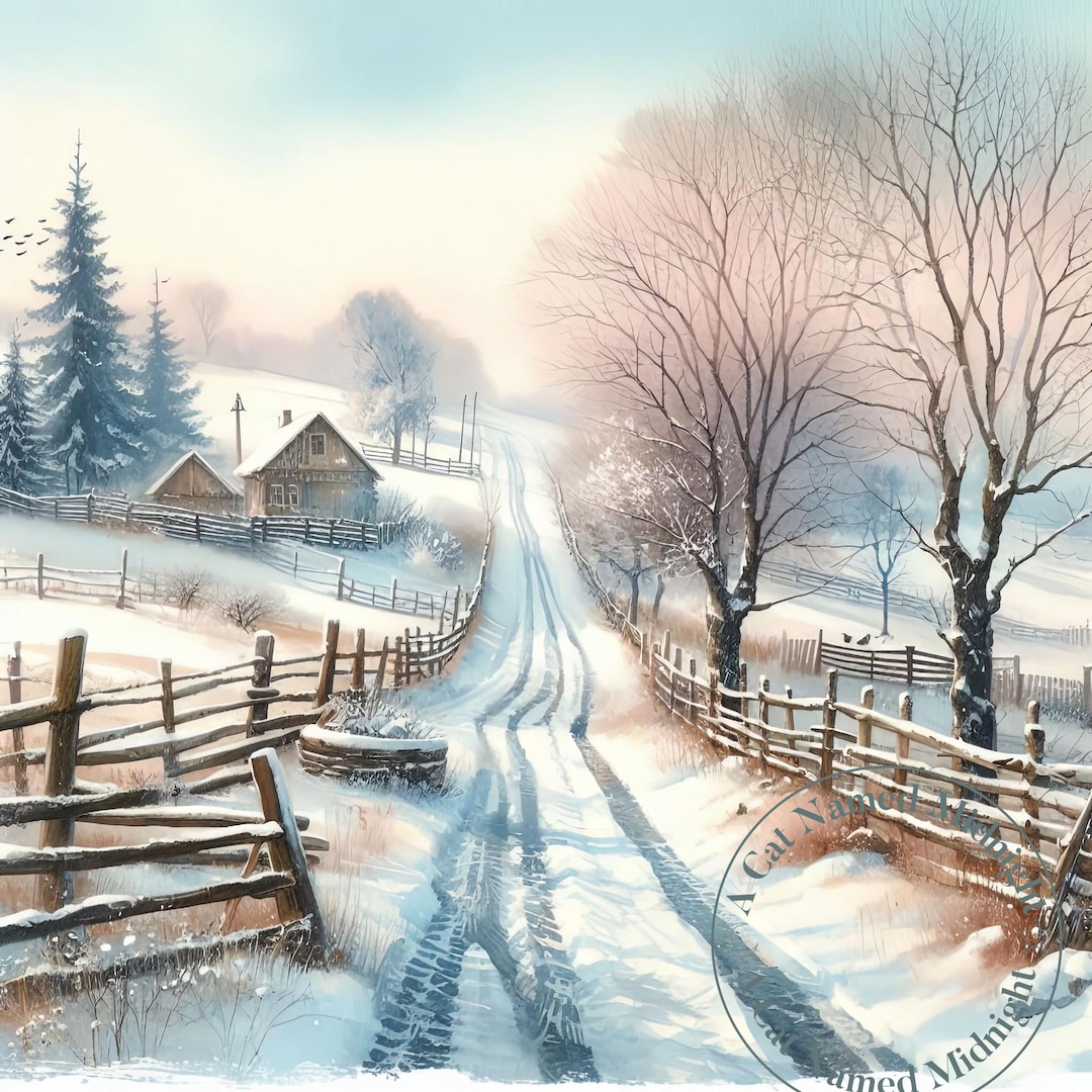 Snowy Country Road in the Winter Clipart 11 JPG Bundle Vintage Clip Art ...