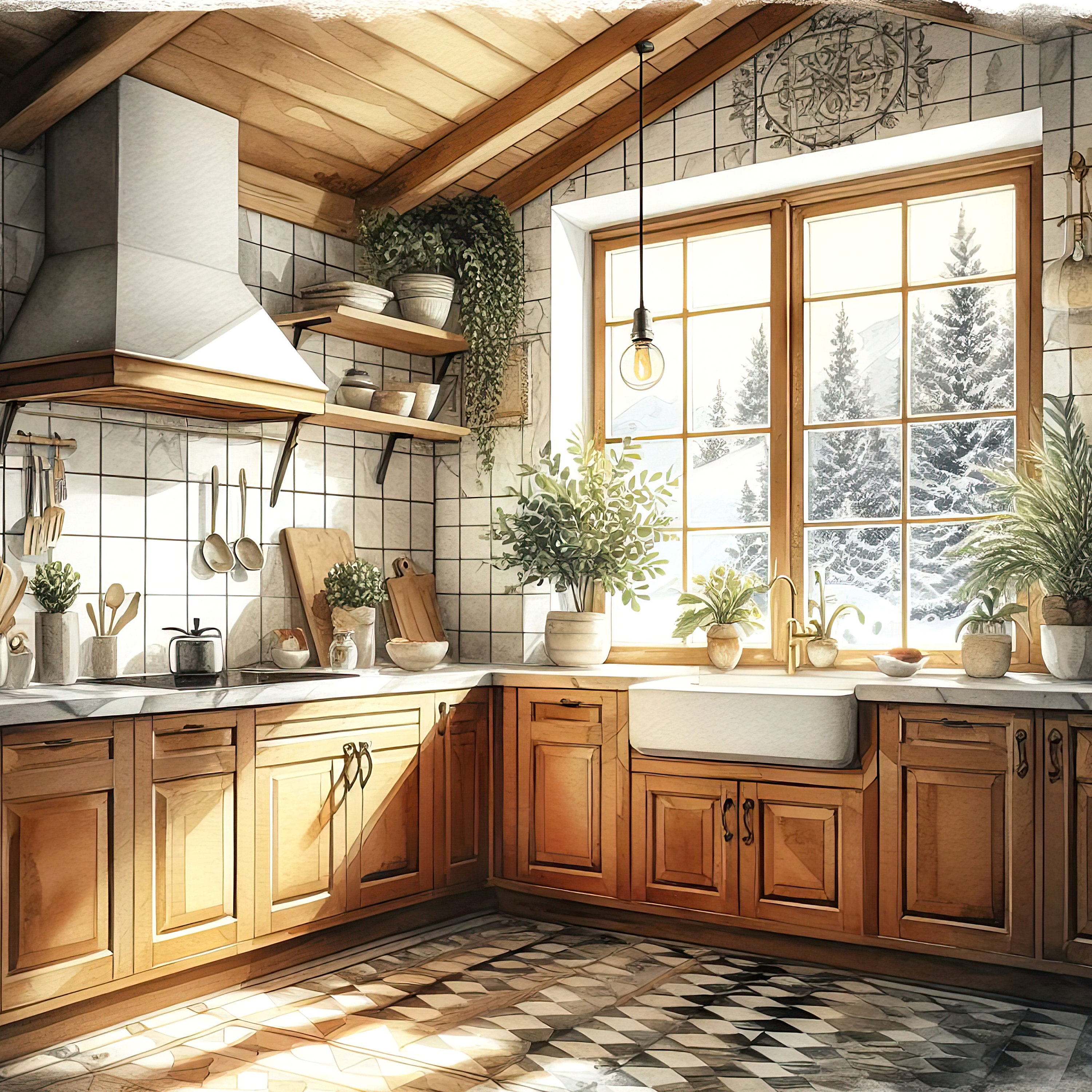 Watercolor Mountain Cabin Kitchen Clipart Watercolor Kitchen Clip Art ...