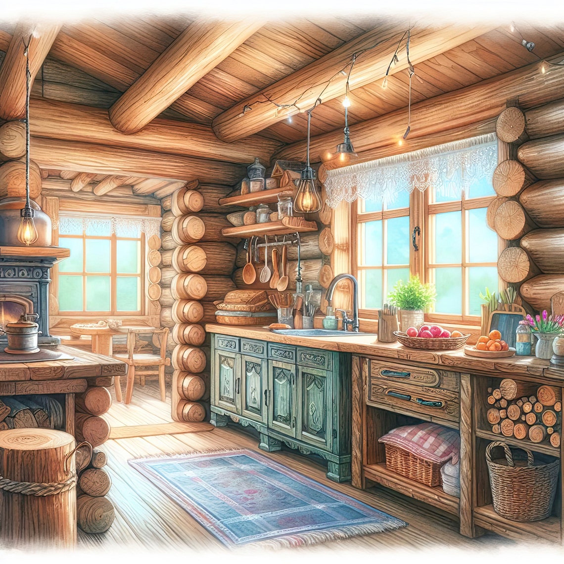 Watercolor Rustic Log Cabin Kitchen Clipart Country Kitchen Vintage ...