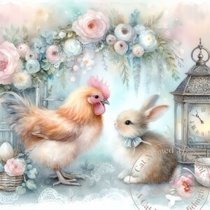 10 Watercolor Chicken and Bunny Clipart Chicken Clip Art Easter Farm ...
