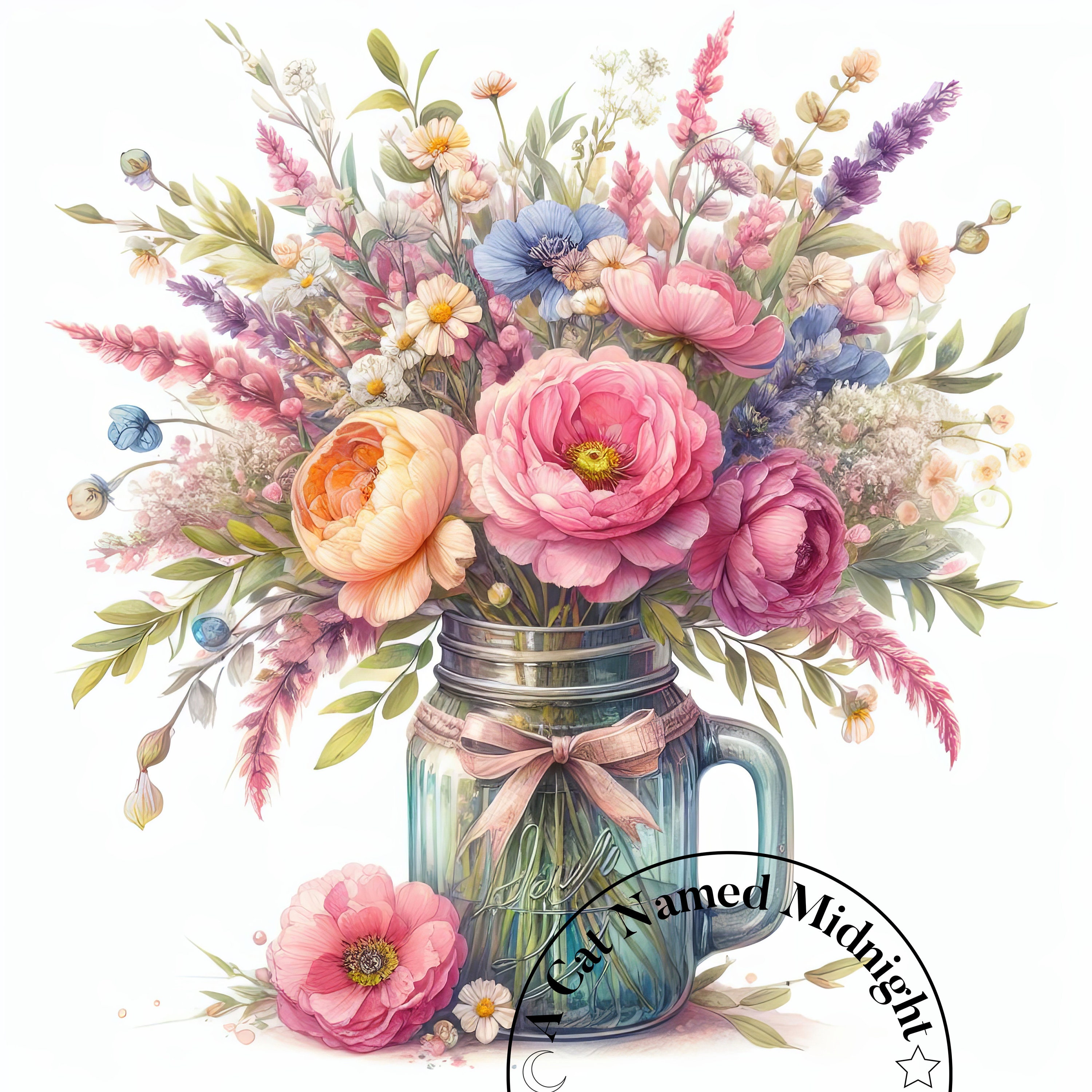 10 Mason Jar Flowers Clipart Shabby Chic Floral Watercolor Vintage Clip ...