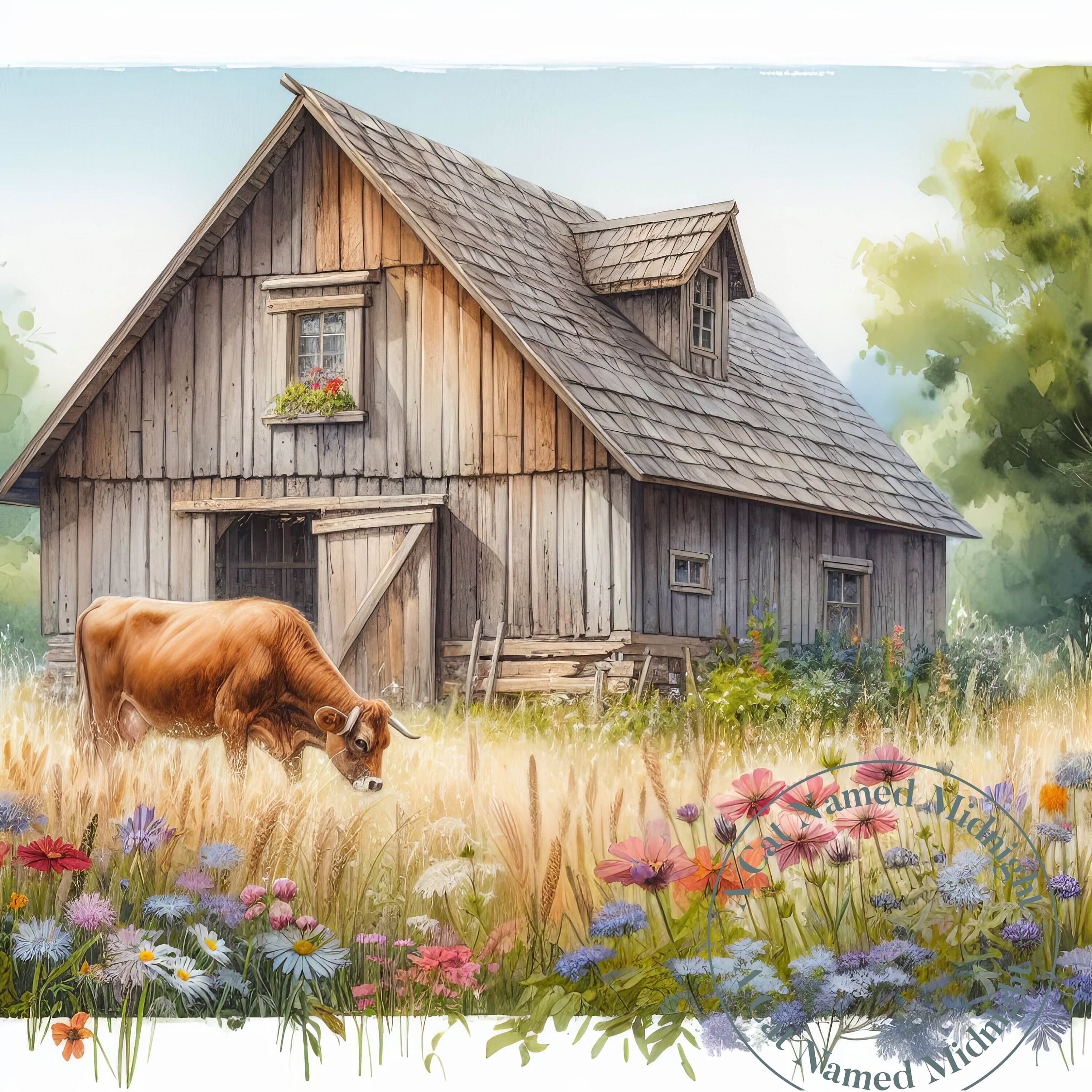 10 Watercolor Old Barn and Cow Clipart Bundle Vintage Clip Art Rustic Images Farm Downloadable ...