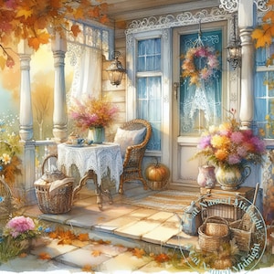 10 Autumn Shabby Chic Porch Clipart Vintage Fall Clip Art Watercolor ...