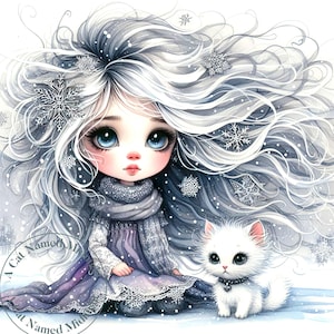 Snow Princess and Her White Kitten Clipart 11 JPG Whimsical Watercolor ...