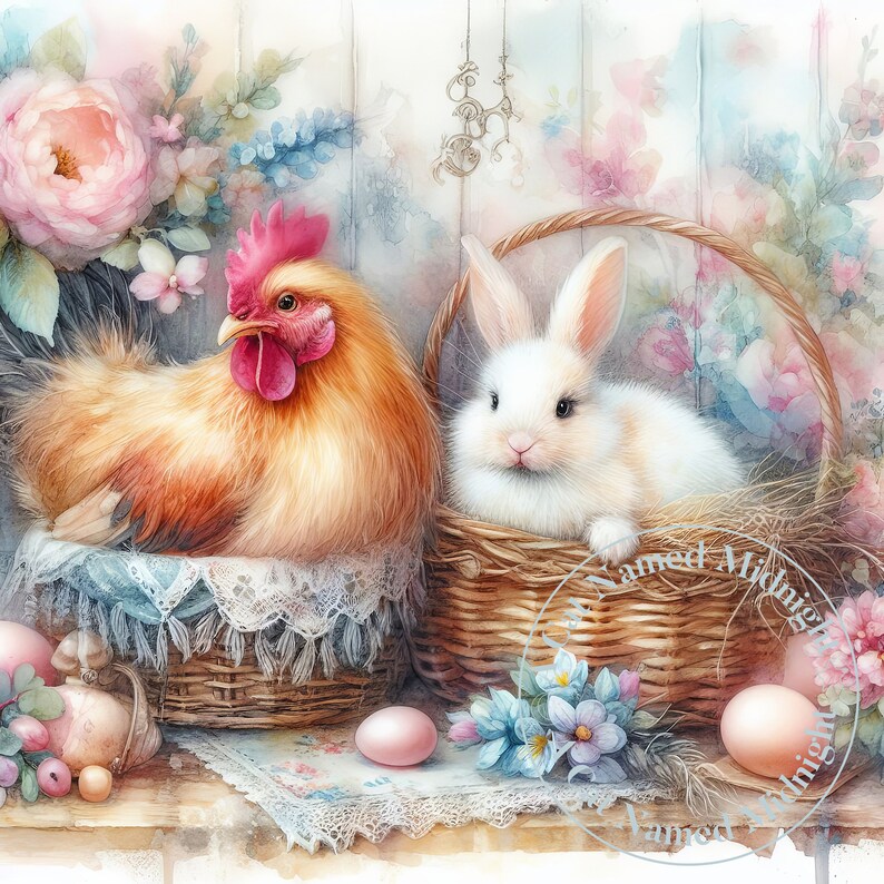 10 Watercolor Chicken and Bunny Clipart Chicken Clip Art Easter Farm ...