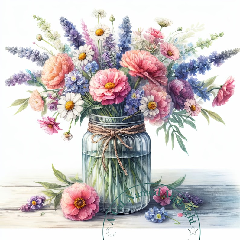 10 Mason Jar Flowers Clipart Shabby Chic Floral Watercolor Vintage Clip ...