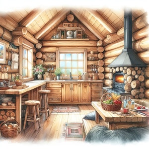 Watercolor Rustic Log Cabin Kitchen Clipart Country Kitchen Vintage ...