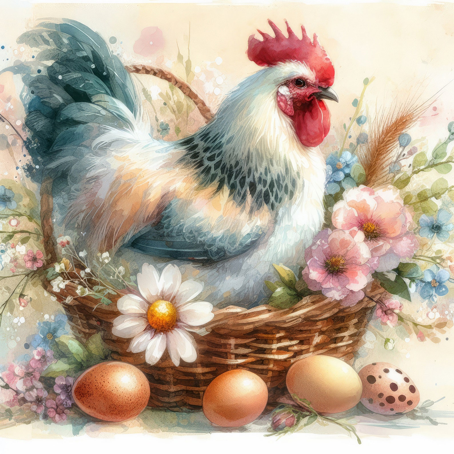 Watercolor Chicken Clipart Watercolor Rooster Clip Art Easter Farm ...