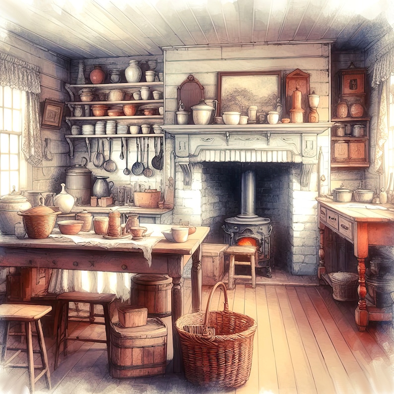 Watercolor Kitchen Clipart Vintage Kitchen Clip Art Watercolor Antique ...