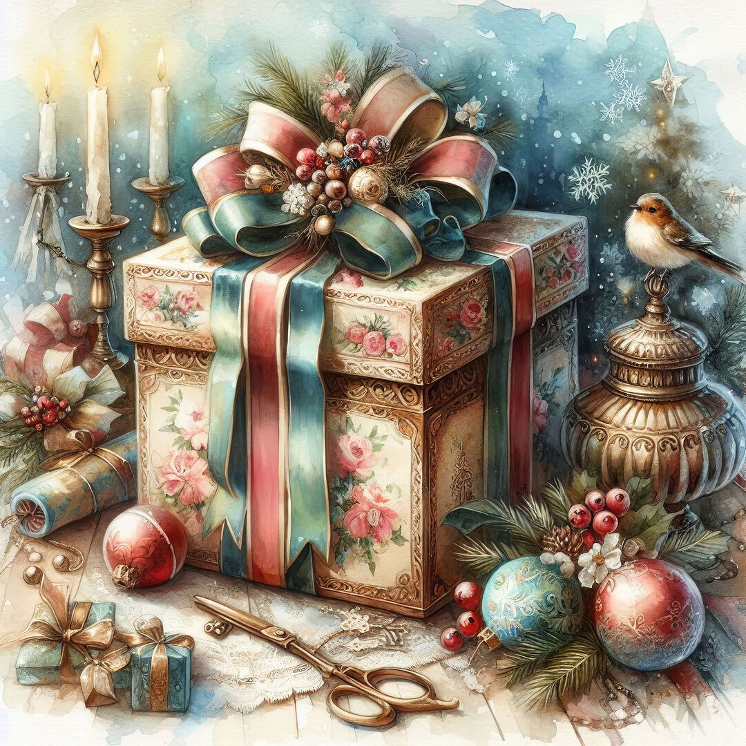 Christmas Gift Clipart Bundle 10 Watercolor Shabby Chic Vintage Clip ...