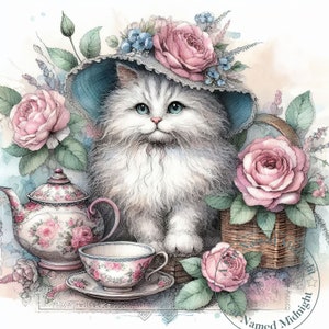 10 Shabby Chic Cat Clipart Watercolor Cat Clip Art Cat Images Bundle ...