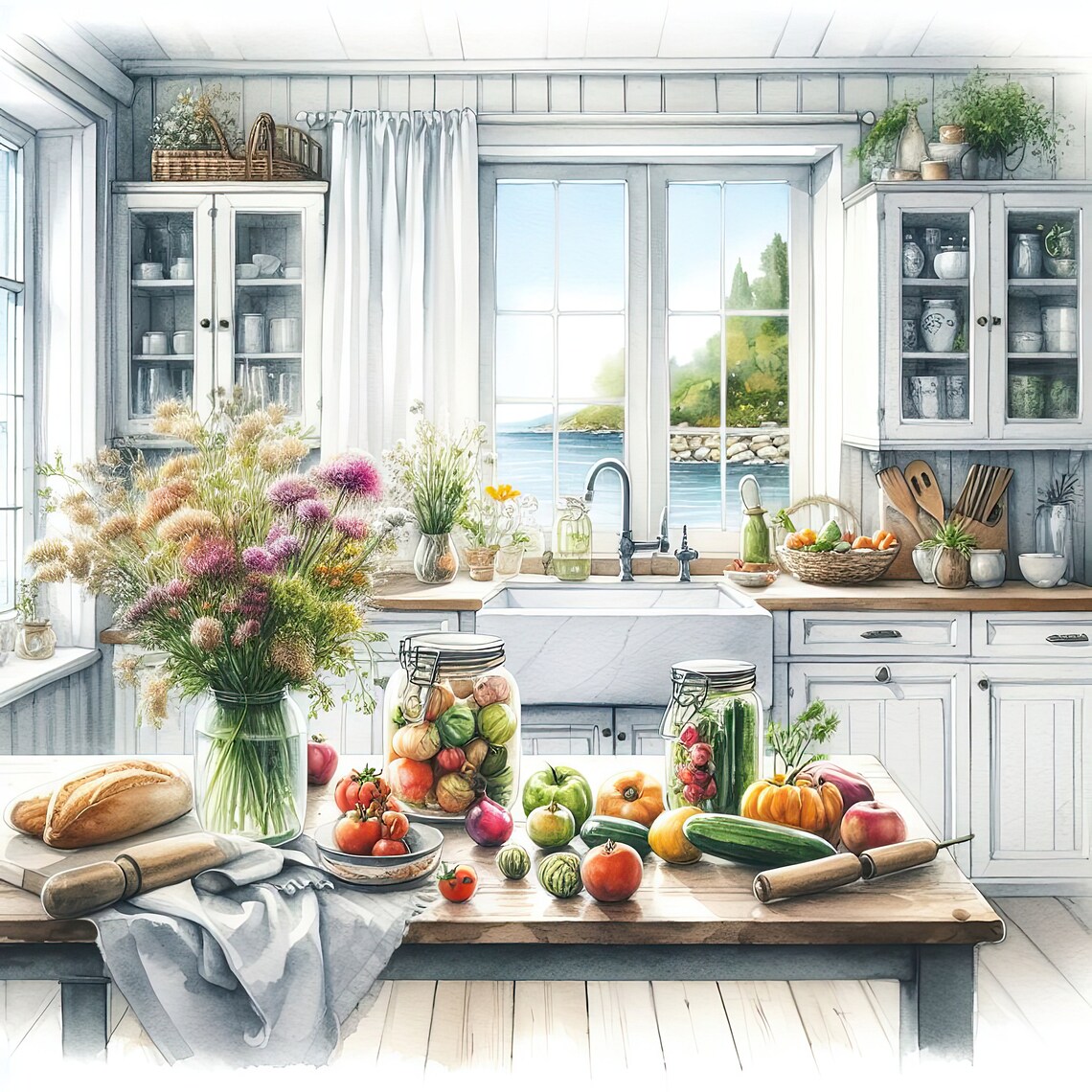 Watercolor Beach Cottage Kitchen Clipart Watercolor Kitchen Vintage ...