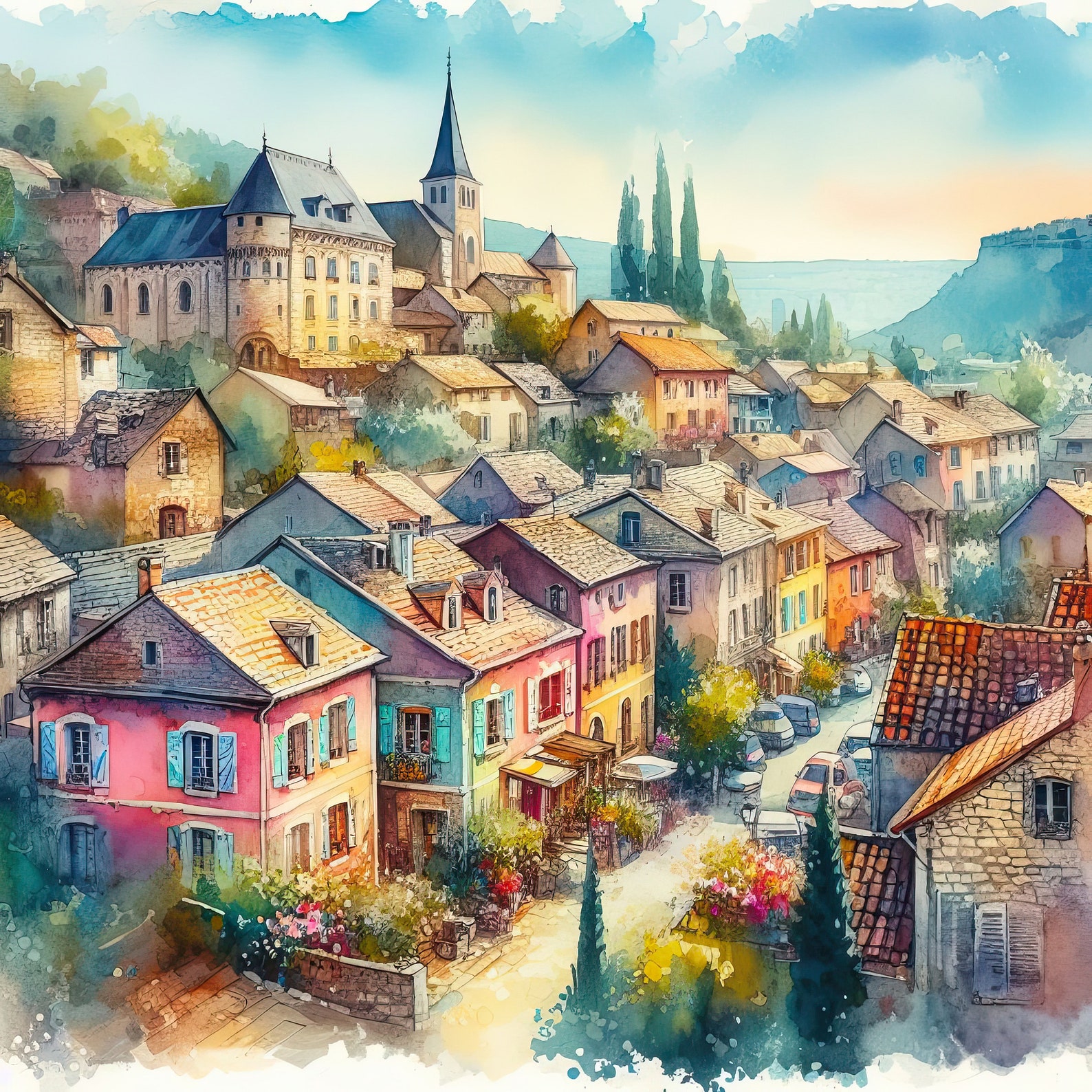 Watercolor French Village Clipart Bundle Vintage Clip Art Coloful House ...