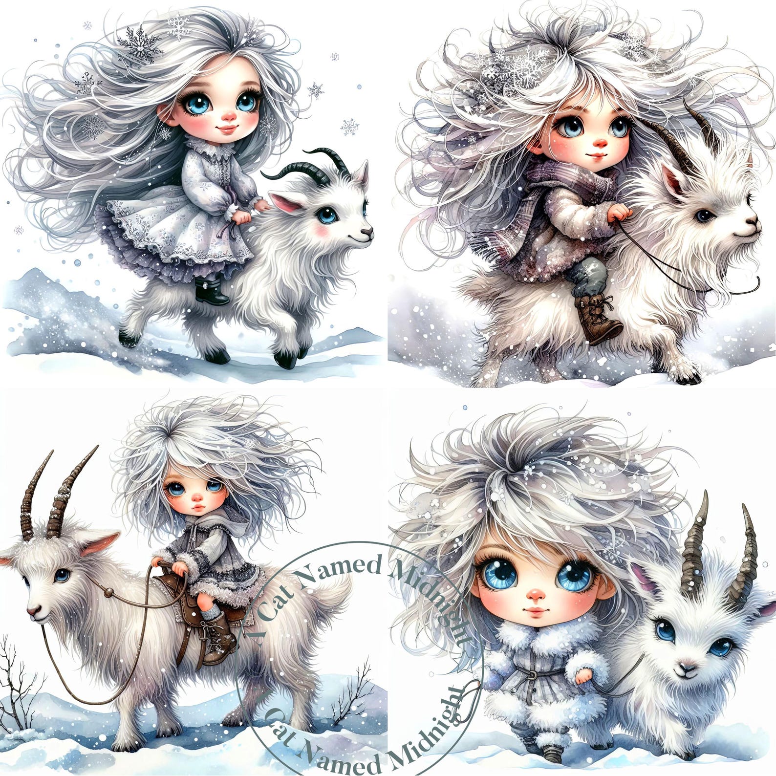 Snow Princess and Her Mountain Goat Clipart 11 JPG Whimsical Clip Art ...