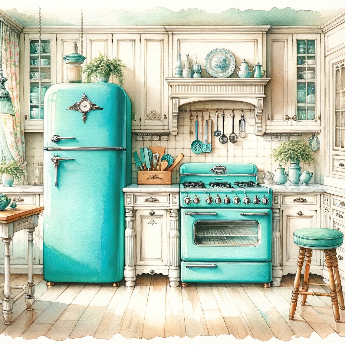 Watercolor Kitchen Clipart Turquoise Shabby Chic Kitchen Vintage Clip ...