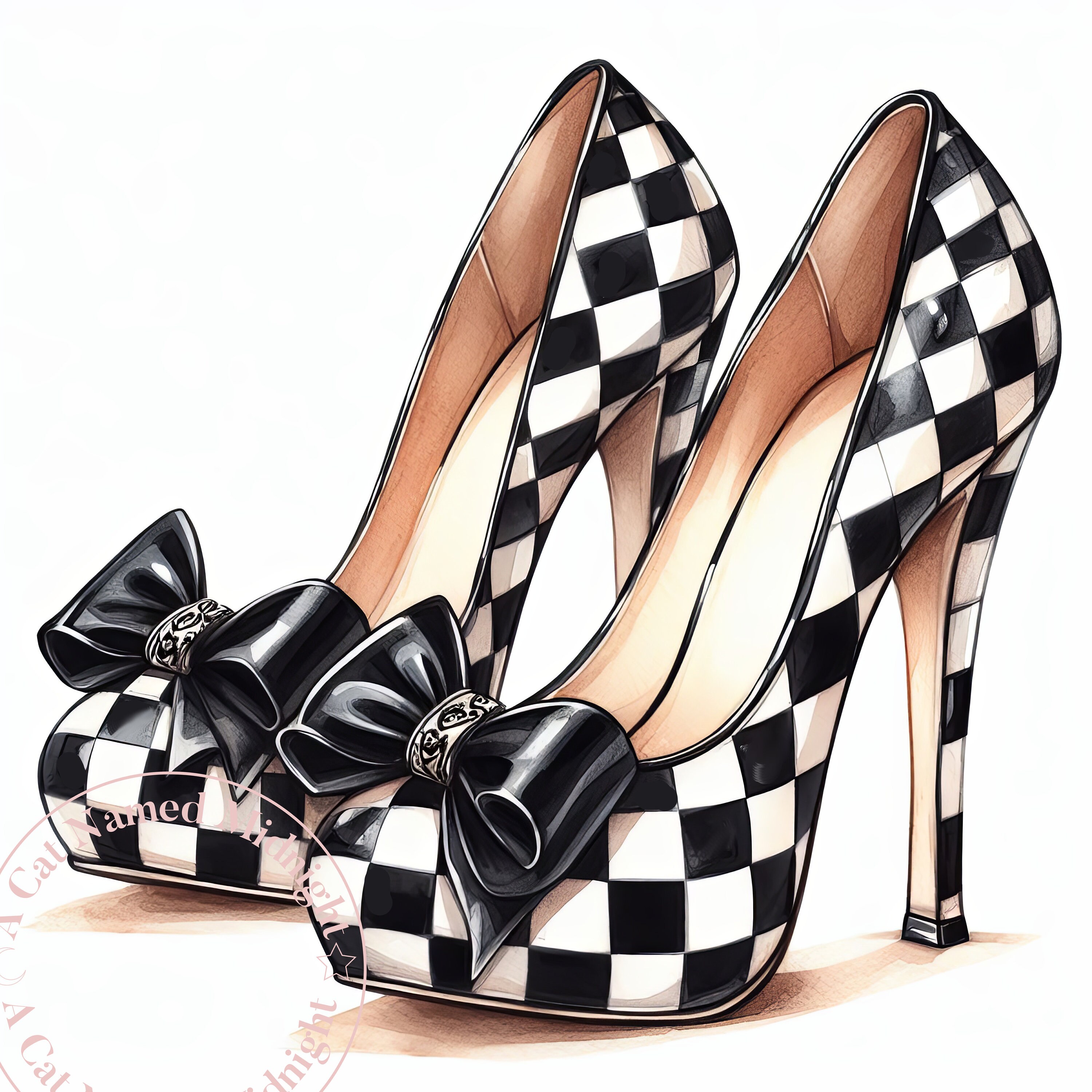 10 Black and White Checkered High Heels Clipart Bundle Watercolor High ...