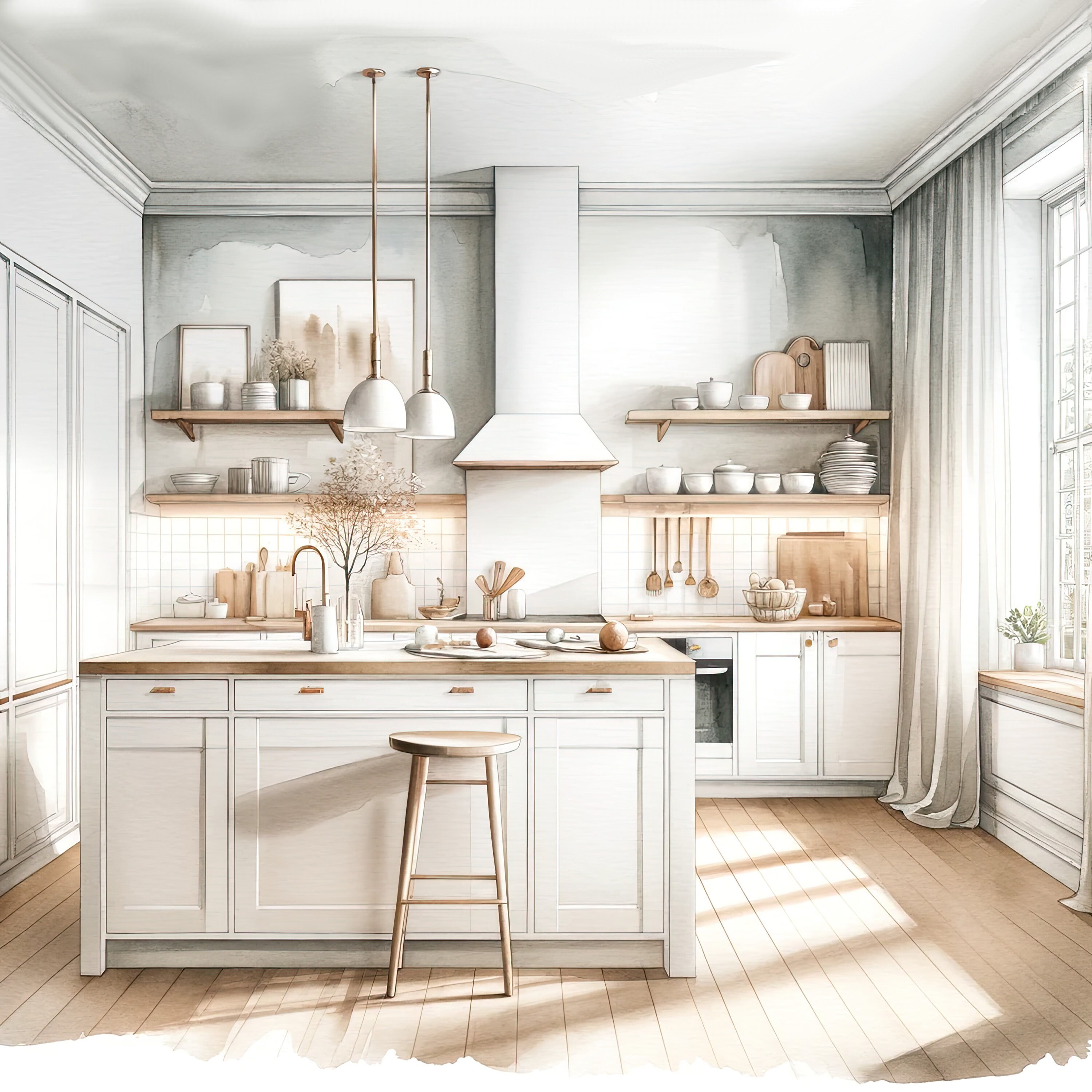 Watercolor Modern Farmhouse Kitchen Clipart Watercolor Cottage Kitchen ...