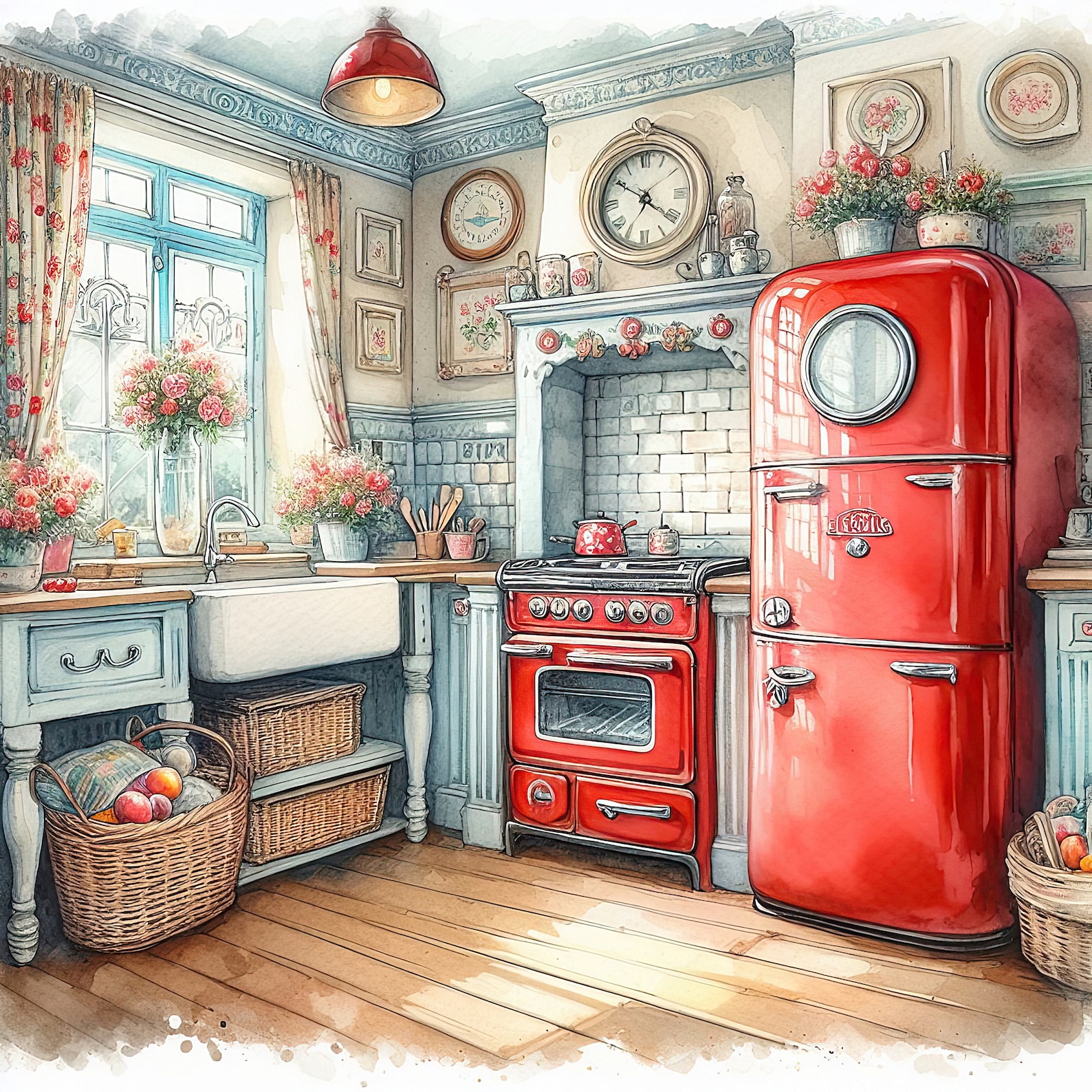 Watercolor Retro Red Kitchen Clipart Vintage Kitchen Clip Art ...