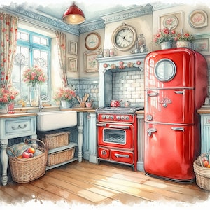 Watercolor Retro Red Kitchen Clipart Vintage Kitchen Clip Art ...