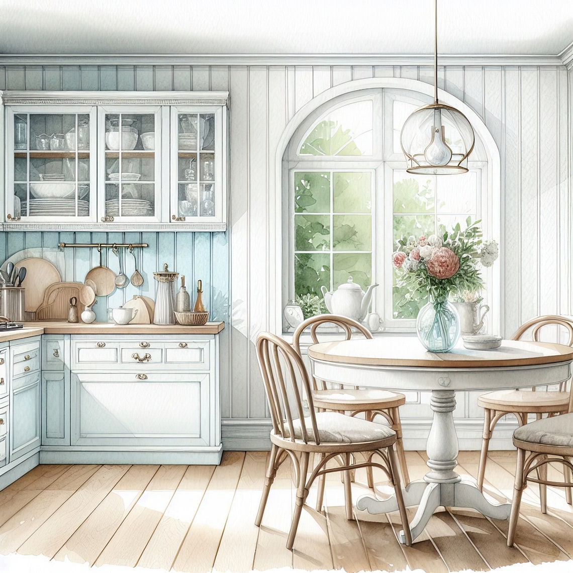 Watercolor Beach Cottage Kitchen Clipart Watercolor Kitchen Vintage ...