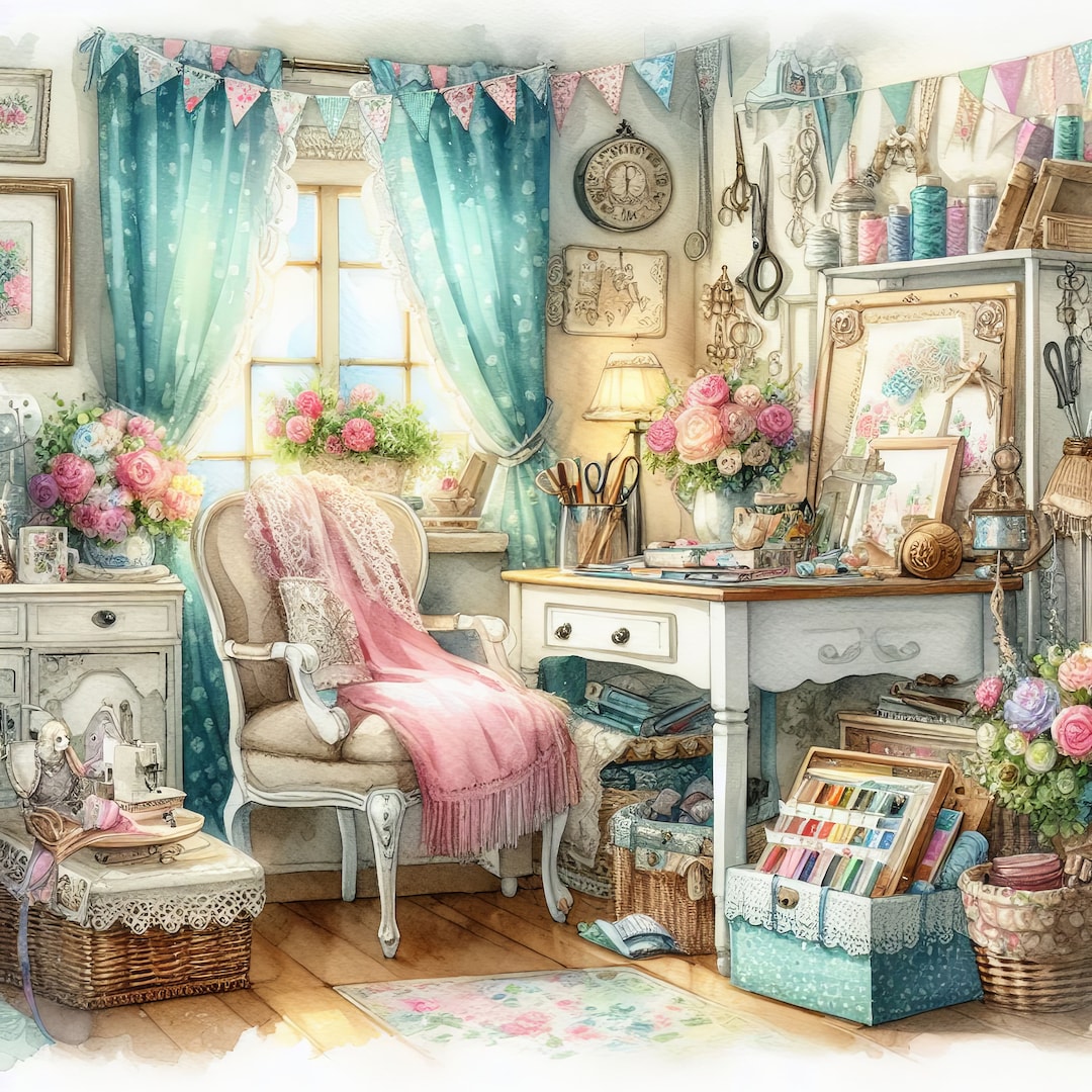 Watercolor Shabby Chic Craft Room Clipart Sewing Vintage Clip Art Watercolor Clipart Bundle Art ...