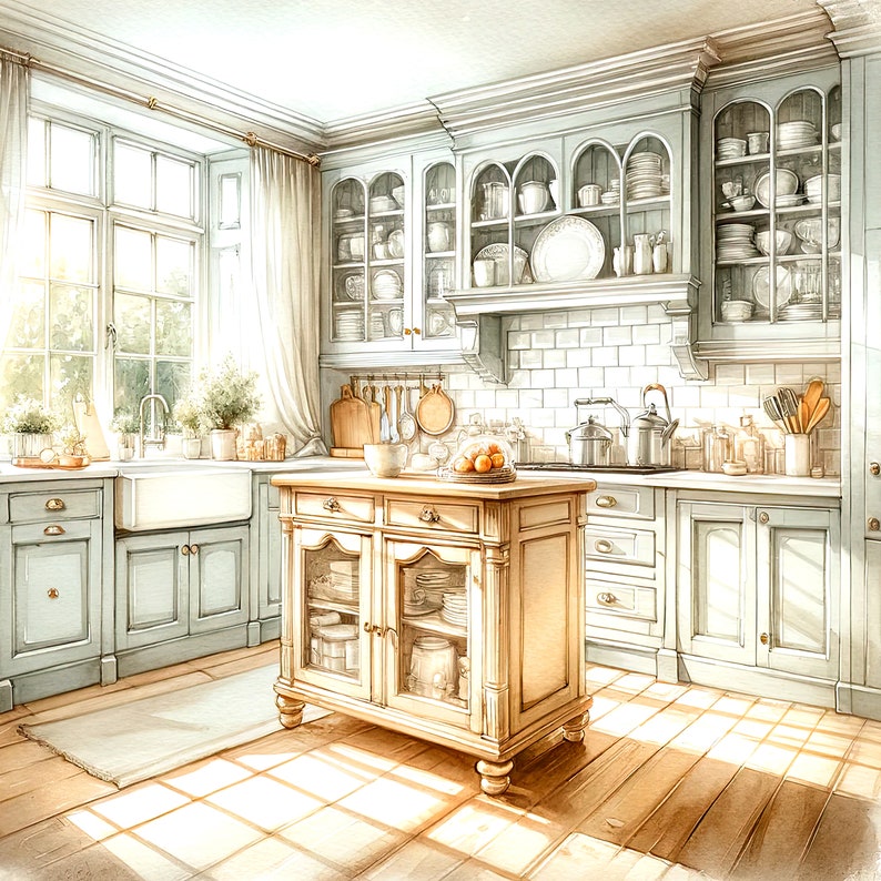 Watercolor Farmhouse Kitchen Clipart Watercolor Cottage Kitchen Clip ...