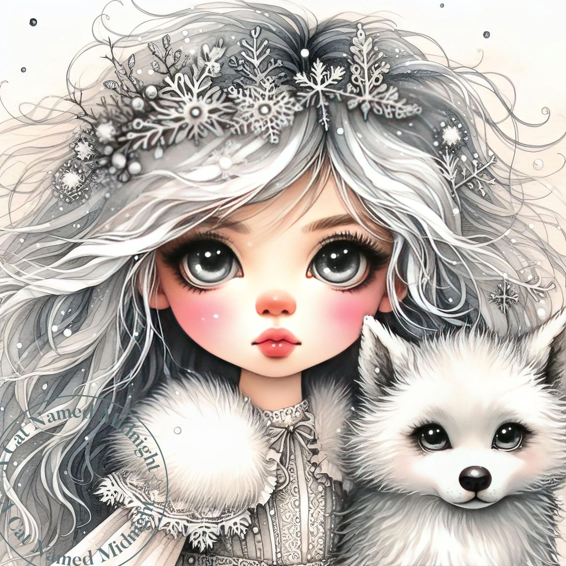 Snow Princess Clipart With White Wolf, 13 JPG Whimsical Winter Girl ...
