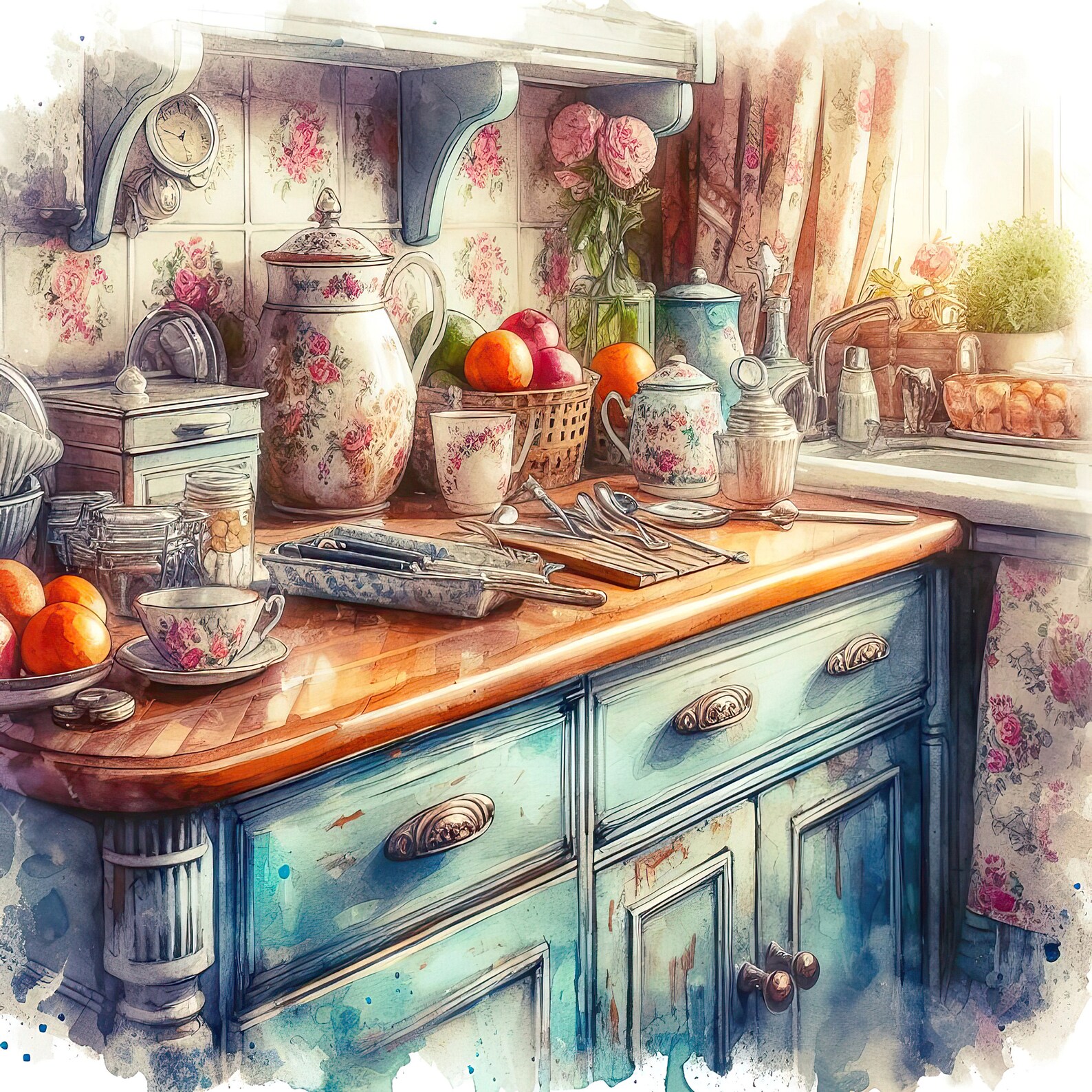 Watercolor Shabby Chic Kitchen Clipart Cottage Kitchen Counters Vintage ...