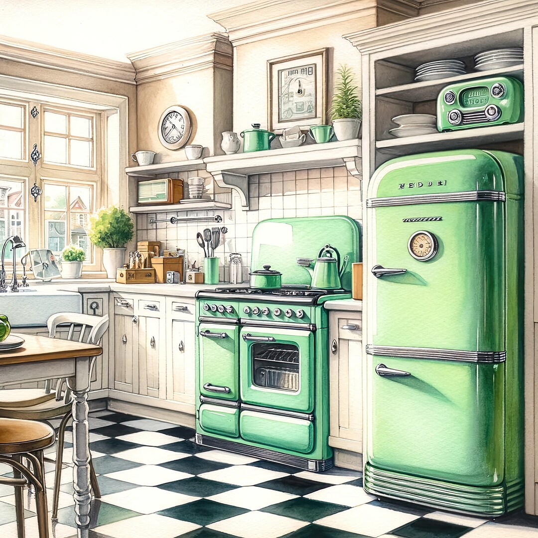 Watercolor Retro Green Kitchen Clipart Vintage 50's Kitchen Clip Art ...