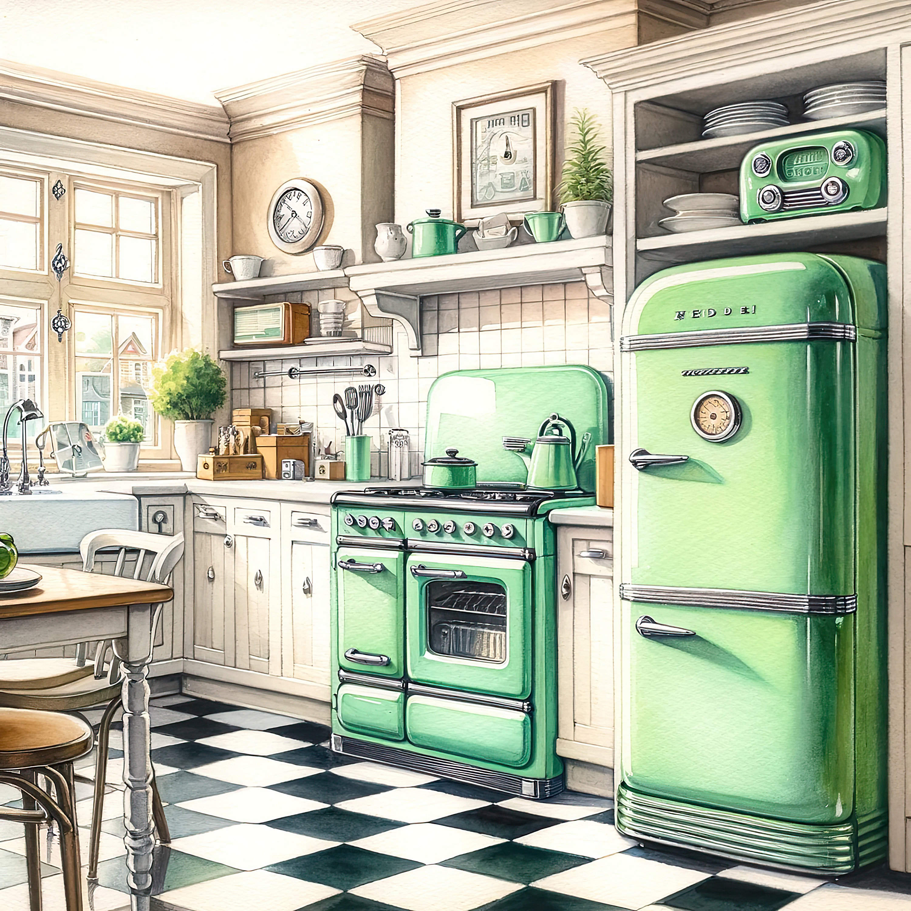 Watercolor Retro Green Kitchen Clipart Vintage 50's Kitchen Clip Art ...