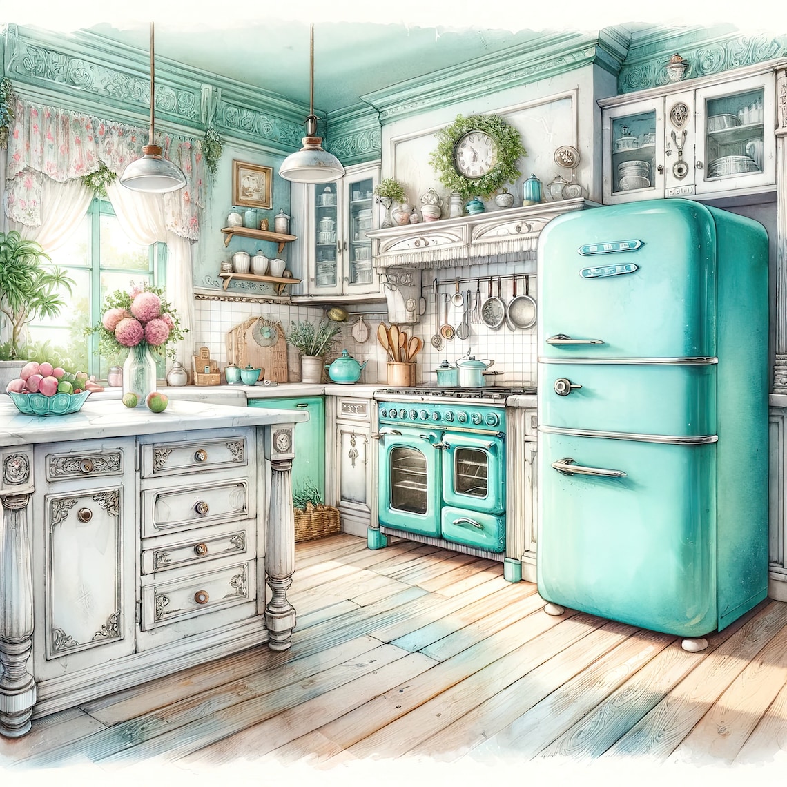 Watercolor Kitchen Clipart Turquoise Shabby Chic Kitchen Vintage Clip ...