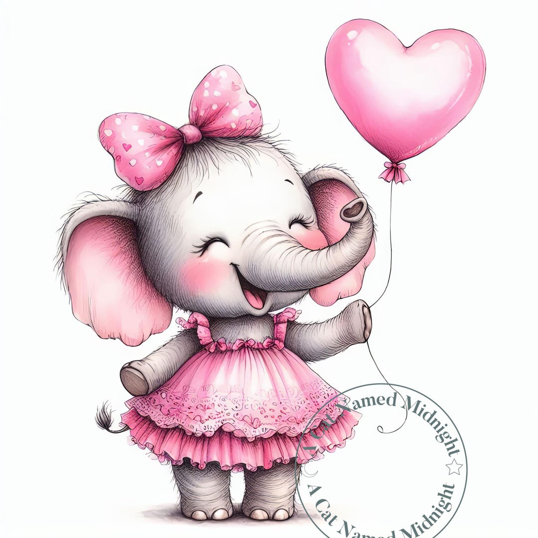 Cute Baby Girl Elephant With a Pink Heart Balloon Clipart | 10 JPG ...